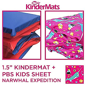 KinderMat 1.5" Thick + PBS Kids Kinderbundle - 1 Washable Cover, Special Edition - Narwhal Expedition - Regular, Sheet is 47" x 22", Great for Daycare & Family Households