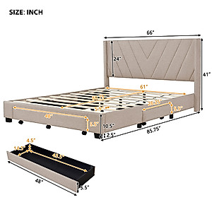 GJHOME Queen Bed Frame with Storage Upholstered Platform Bed Frame with 3 Drawers and Headboard Modern Linen Queen Size Beds with Wooden Slats Support, No Box Spring Box Needed, Beige