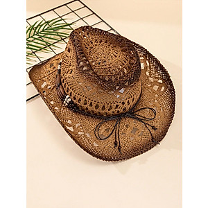 QWINEE Ombre Bead Decor Hollow Out Cowboy Hat Straw Cowboy Cowgirl Hats Summer Beach Sun Hat for Women Men Khaki one-Size