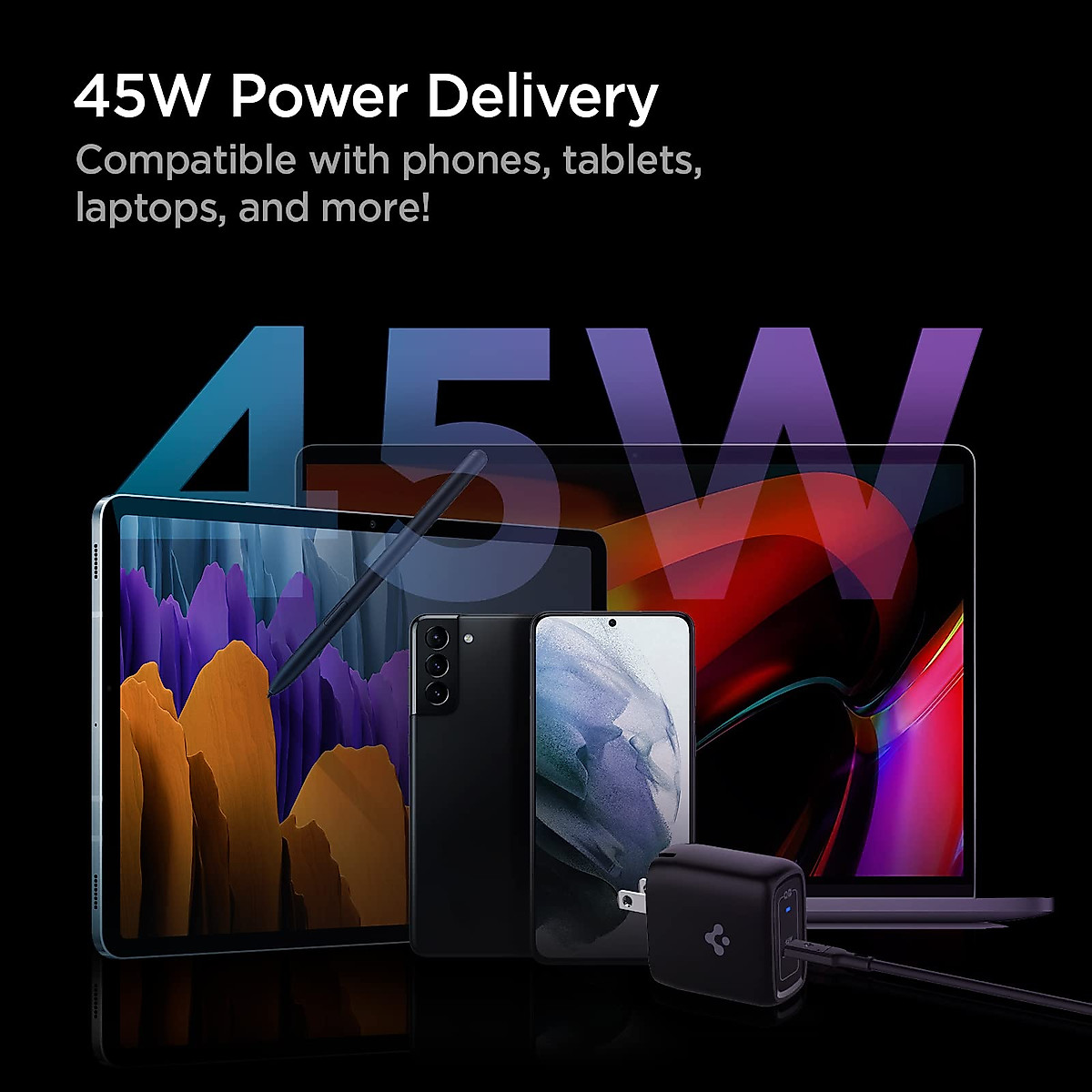 USB C Charger, Spigen [GaN Fast] 45W PD 25W PPS Super Fast Charge Type C for Galaxy S25 Ultra S25 Plus S25 S24 Z Fold Flip 6 5 4 Pixel Fold 8 8a Pro 7 Tab S9 iPad (Cable Included/Foldable Plug)