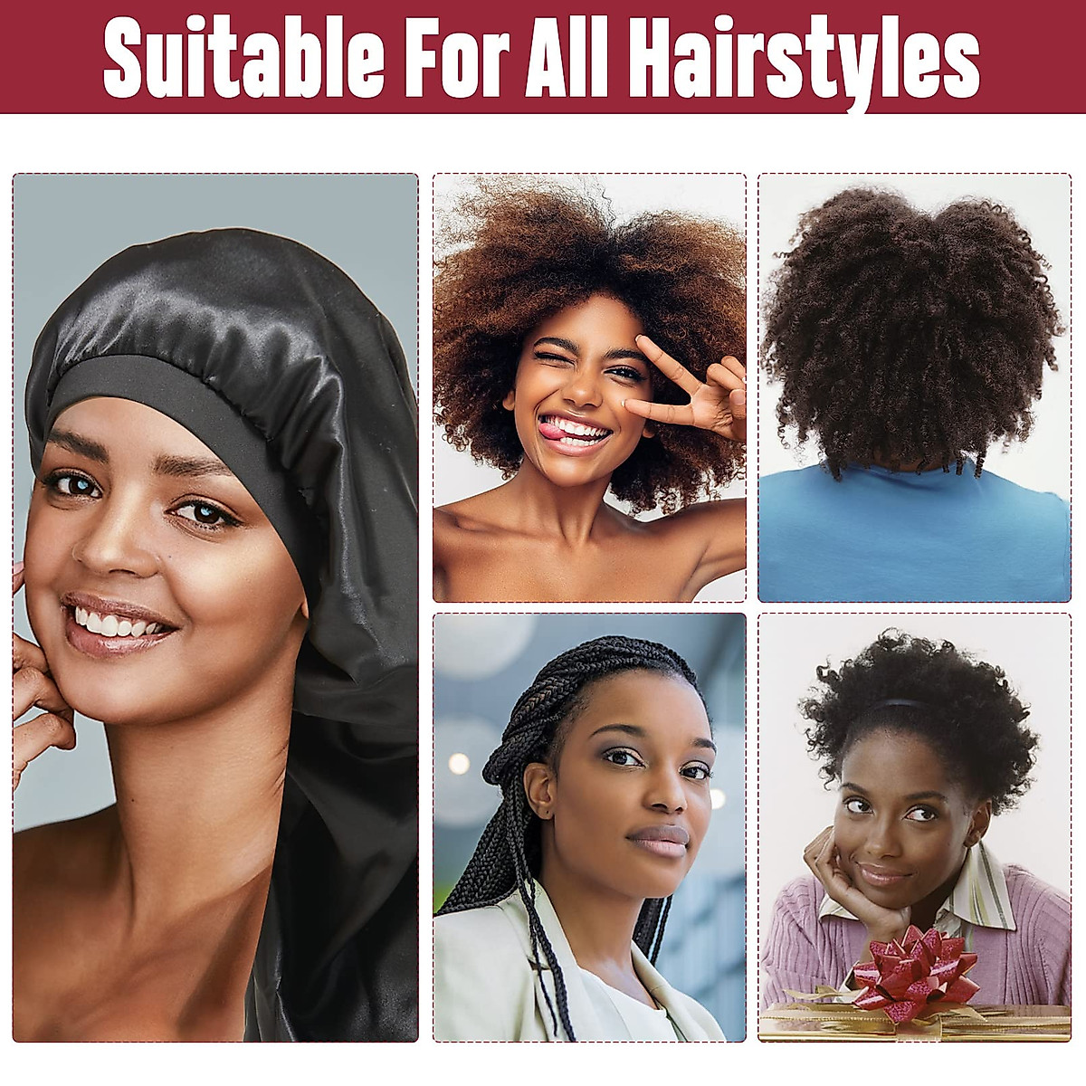 4PCS Long Satin Bonnet Sleep Cap,Black Extra Large Silk Bonnet for Natural Hair, Bonnets for Women Night Sleep,Wide Elastic Band, Very Soft & Comfortable (Black,Red,Leopard,Floral)