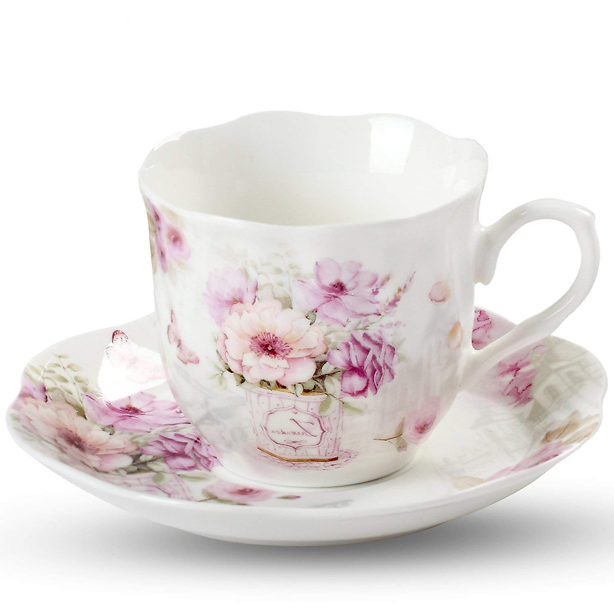 GuangYang China Tea Cups and Saucers Set of 6-7ounce/200ml - Tea Gift Sets for Adults - Purple Floral Porcelain TeaCup with Saucer for Tea Party(Total 12 Pieces)