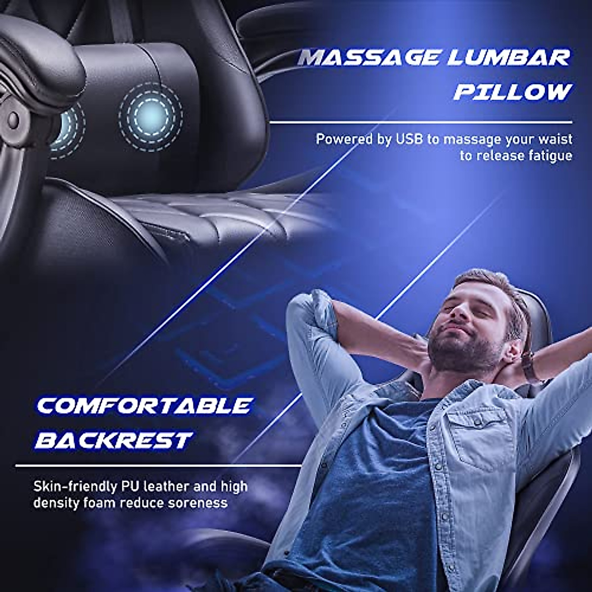 Homall Gaming Chair, Computer Chair with Footrest and Massage Lumbar Support, Ergonomic High Back Video Game Chair with Swivel Seat and Headrest (Black)