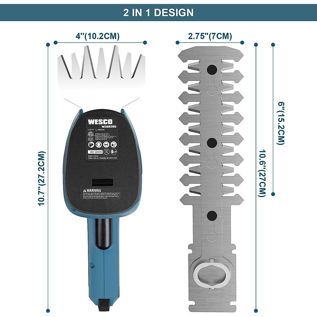 WESCO 7.2V Grass Shears Hedge Trimmer, 2-in-1 Handheld Shrub Trimmer with Rechargeable Lithium-ion Battery and Charger