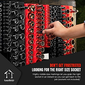 toolhldr Magnetic Socket Organizer - Metric & SAE Socket Tool Organizer Storage for 1/4", 3/8", 1/2" Drives - Fits Drawers, Toolboxes, Attaches to Metal Wall - Easy-to-Read - 6-Pack Black and Red
