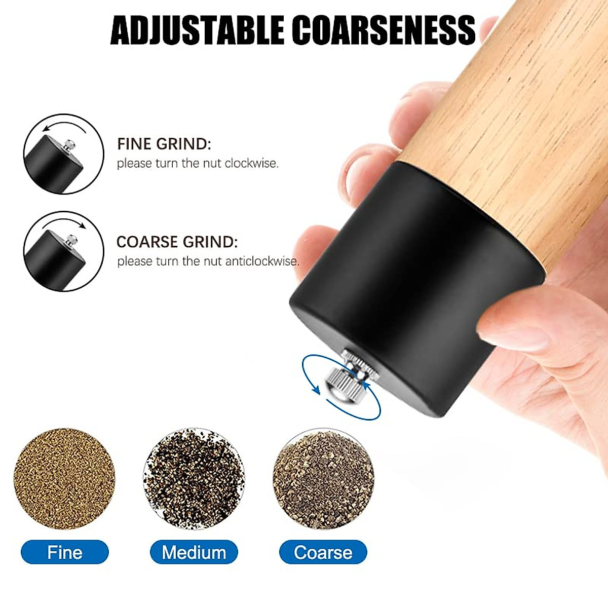 Salt and Pepper Grinder Set | Wooden Salt Grinder Shakers with Adjustable Ceramic Core | Manual Salt and Pepper Mill Refillable for Spice/Sea Salt/Chili/Peppercorn | Pack of 2 (White + Black)