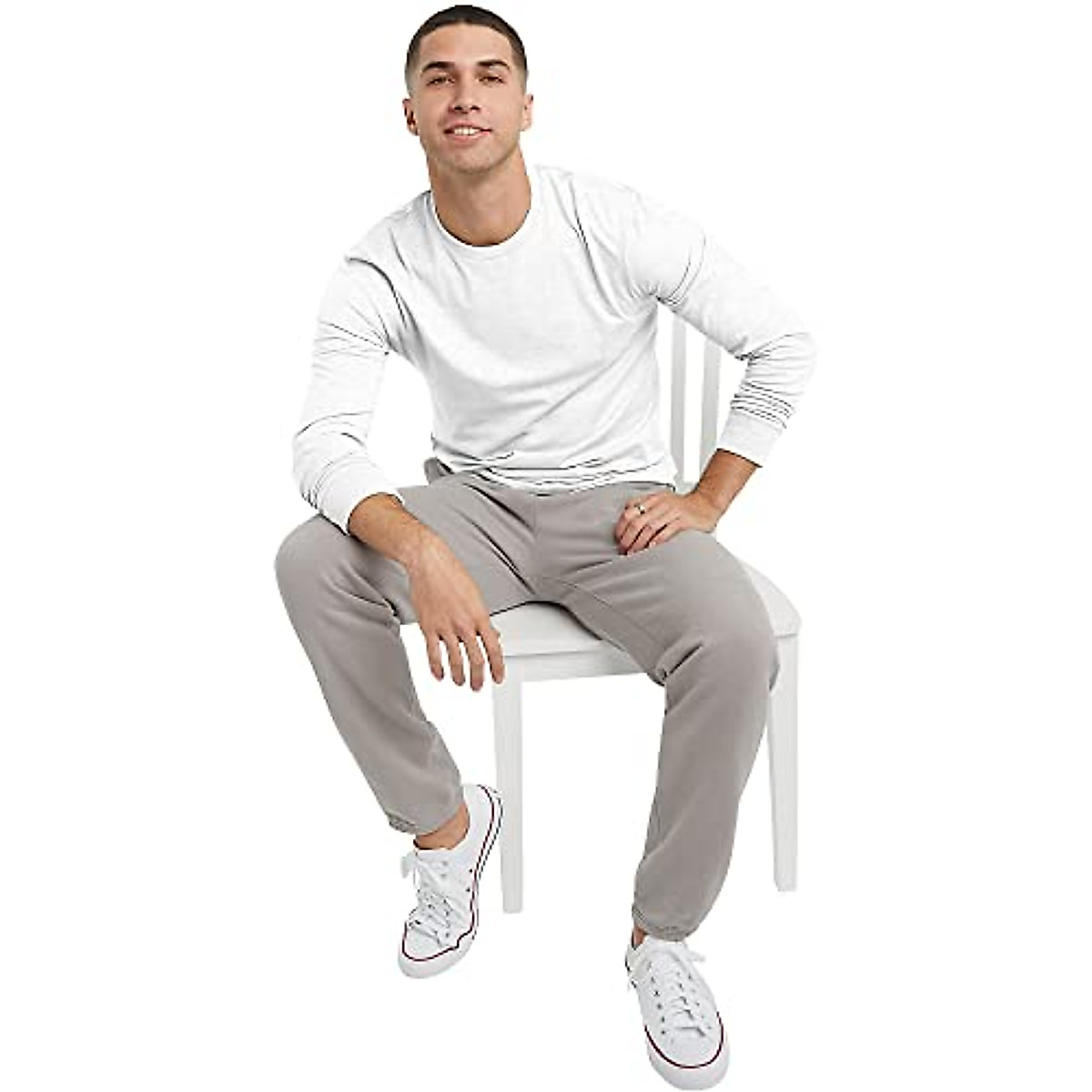 Hanes Originals Long Sleeve Cotton T-Shirt, Classic Crewneck Tee for Men, White, Medium