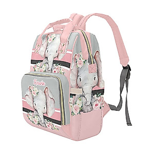 Grandkli Grey Pink Floral Elephant Personalized Diaper Bag Multi-Function Backpack Nappy Bag Travel DayPack for Unisex, One Size