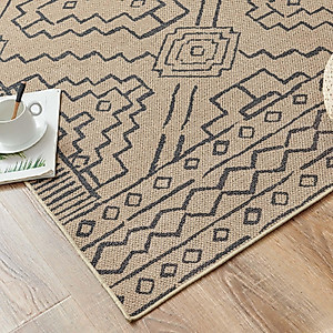 jinchan Area Rug 4x6 Entryway Recycled Boho Chic Jute Rug Indoor Outdoor Floor Cover Print Geometric Black Accent Carpet for Living Room Bedroom Dining Room Patio Garden