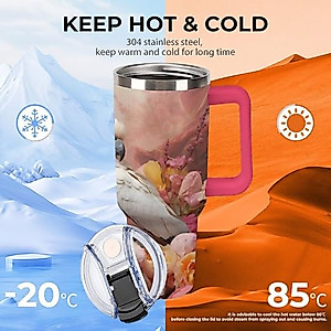 Flower Bird Peony Parrot 40 Oz Car Cup Stainless Steel Travel Mug Leak-Proof Insulated Tumbler with Handle Light Rose Red-style