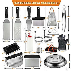 grilljoy 28-Piece Griddle Accessories Kit with Cleaning Kit for Teppanyaki Camping Cooking - Complete Griddle Tools Set in Carrying Storage Bag - Basting Cover, Smash Burger Press, Grill Spatulas