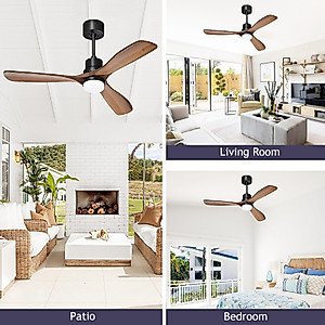 Obabala Ceiling Fans with Lights and Remote Indoor/Outdoor Ceiling Fan with 3 Walnut Wood Blades,42-inch,Matte Black