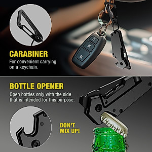 Mini Keychain Knife with Carabiner - 2" Tanto Serrated Blade - Black Multitool with Bottle Opener - Box Cutter - Liner Lock - Legal Small Pocket Knife for Men - EDC Foldings Knives for Gifts 2248