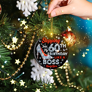Personalized 60th Birthday Ornament Glittered High Heel Round Ceramic Ornament 3 Inch Keepsake for Birthday Christmas Tree Decoration Inspirational Awesome Bday Party Gift for Women Girls Friends