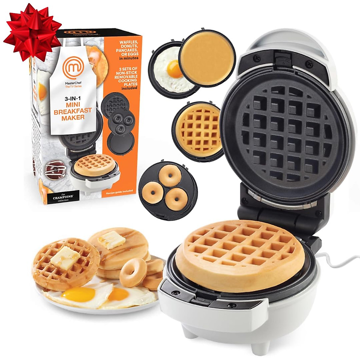 MasterChef 3-in-1 Mini Breakfast Maker- Make Eggs, Pancakes, Donuts, & Waffles and More in One Appliance! 3 Removable Non-Stick Cooking Plates for Easy Cleaning & Storing- Great Birthday, Holiday Gift