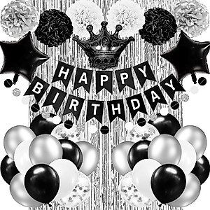 Black and Silver Birthday Party Decorations for Men Women Boys Girls Happy Birthday Banner Balloons Foil Fringe Curtains Black and White Party Decorations