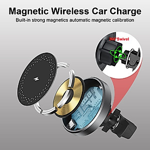COSDIG Magnetic Wireless Car Charger Mount,15W QC 3.0 Fast Charging Compatible with Magsafe Mount,Stick on Dashboard Air Vent Phone Holder for iPhone 14/13/12 Series & MagSafe Case, BLACK-B, (MC01-B)