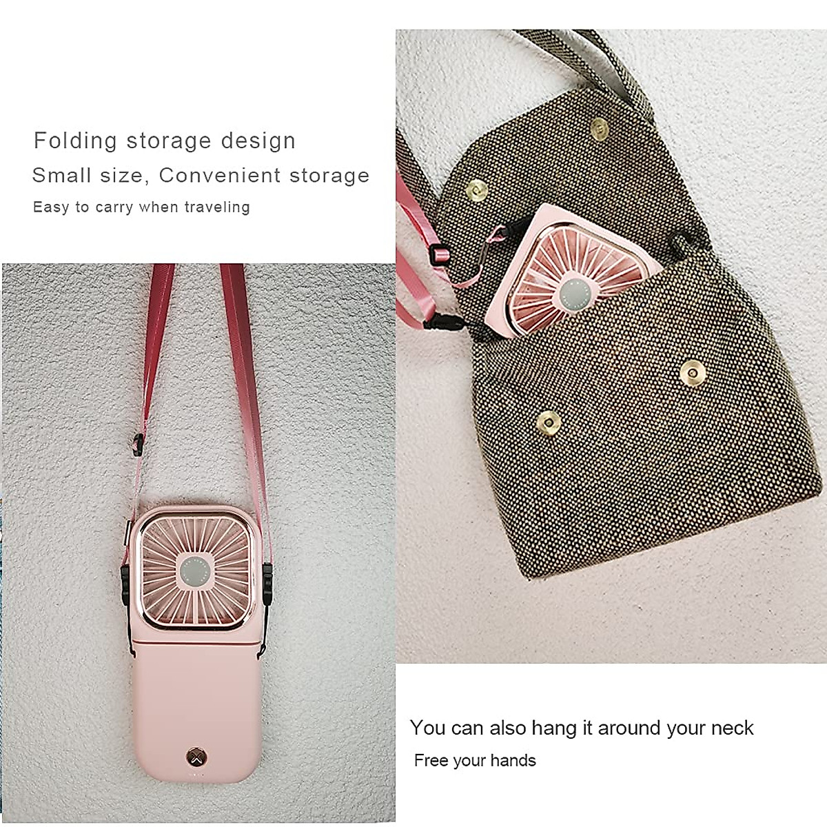 SHENSINGLE Handheld Fan Foldable Hanging Neck Fan 3 in 1 Small Fan with Phone Stand Power Bank Function 3 Speeds USB Charging Cooling Fan 3000mAh Battery Capacity for Home Office Travel (pink)