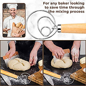 FUANRTK Danish Dough Whisk Bread Mixer，2 Pack Premium Stainless Steel Dutch Whisk With a Dough Scraper for Bread, Pastry or Pizza Dough - Perfect Baking