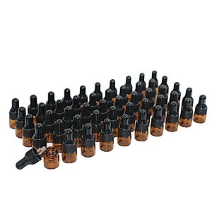 50Pcs Amber Glass Dropping Bottles 1ml Mini Essential Oil Dropper Bottles Empty Travel Perfume Sample Vials Containers with Glass Eye Dropper and Cap in Box(2 Droppers Included)