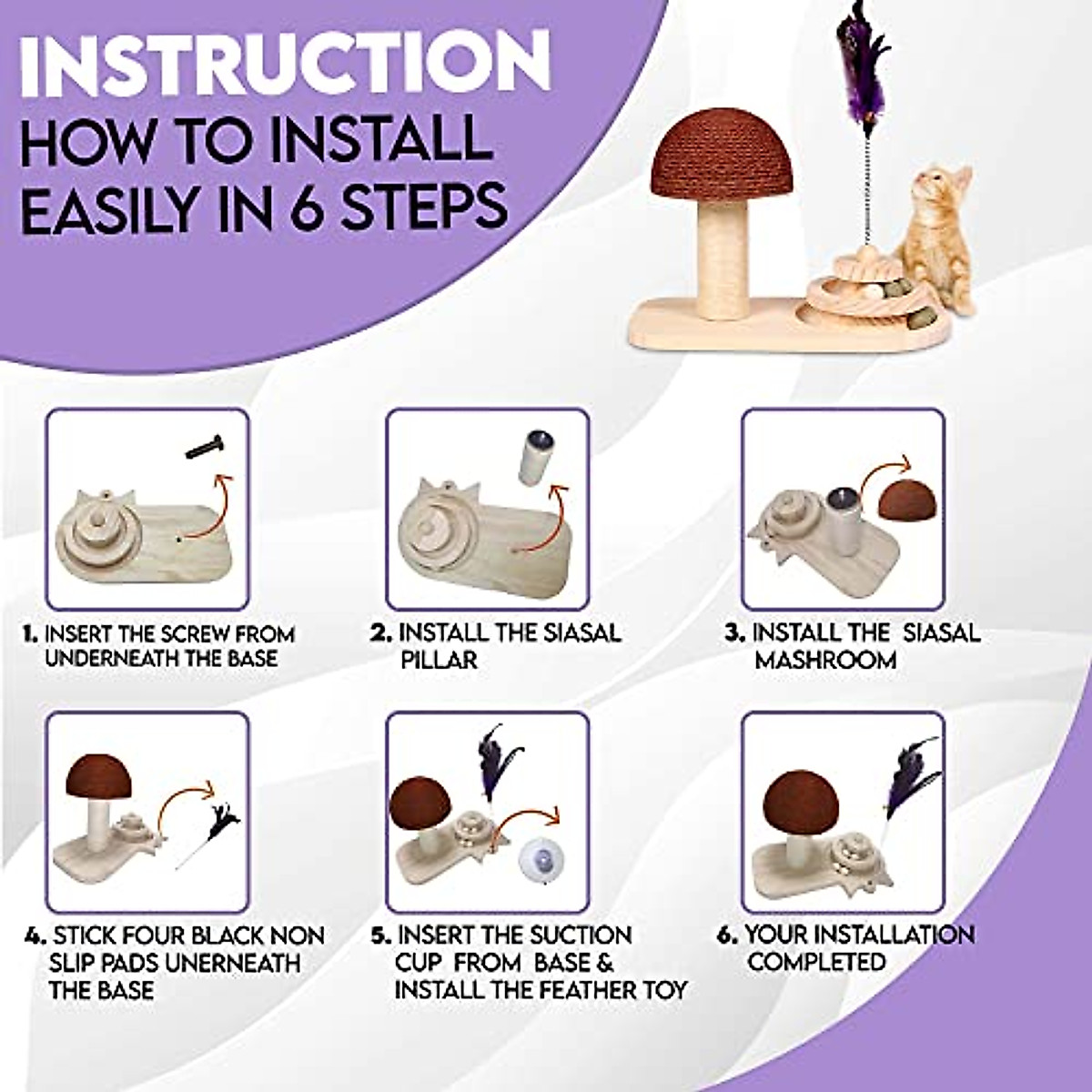 Paw Paw Babe 3 in 1 Cat Scratch Post - Wooden Base, Mushroom Sisal Post, Feather Stick - Cats Interactive Track Ball Toy - Cat Scratcher Toys for Indoor Fun