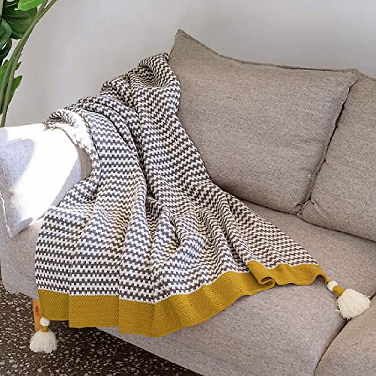 Grey Throw Blanket, Modern Striped Throw Blanket with Tassels, Knitted Soft Boho Throw Blanket for Couch Sofa Bed and Living Room- All Seasons (47.5x60 Inch)