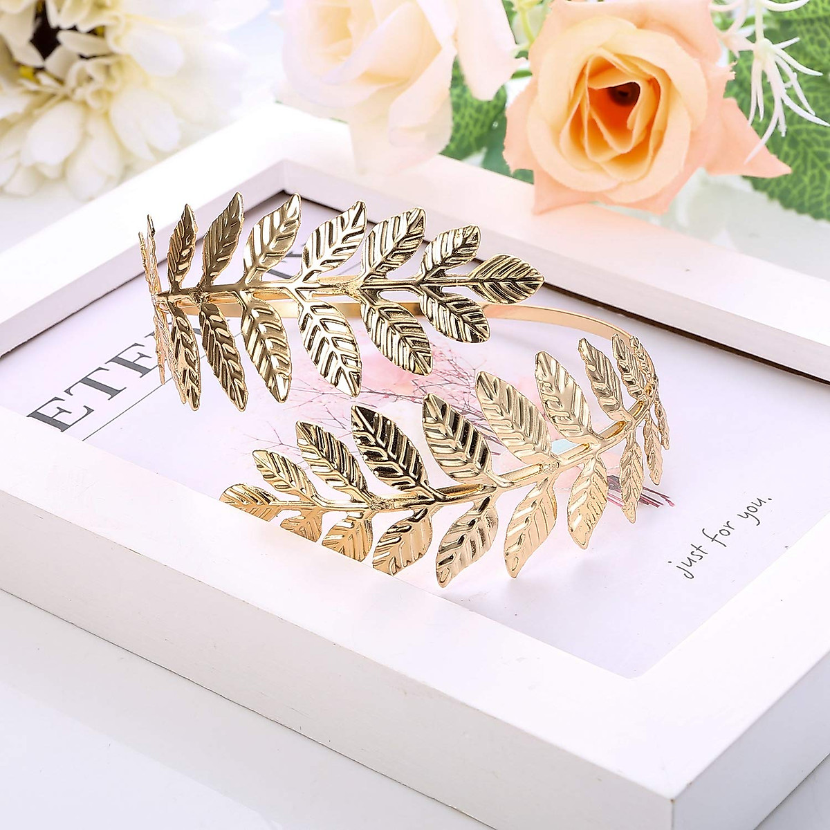 Finrezio Greek Goddess Headband Arm Cuff Bridal Jewelry Set Roman Laurel Leaf Branch Crown Armlet Upper Arm Band Bracelet Adjustable (A:Gold tone)