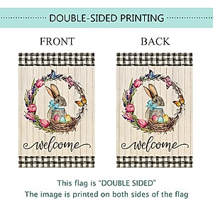 Baccessor Tulip Wreath Welcome Garden Flag Double Sided Buffalo Plaid Easter Egg Cute Bunny Rabbit Yard Flag for Spring Holiday Outdoor Outside Decoration 28x40 Inch