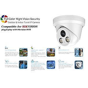 UltraHD 8MP Full Color POE IP Camera Compatible for Hikvision, Human&Vehicle Detection, 24/7 Full Time Color Night Vision,2.8mm Fixed Lens,Built-in Microphone,WDR,IP67 Outdoor