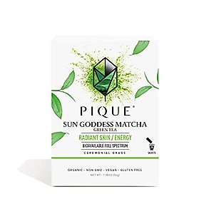Pique Organic Sun Goddess Matcha - Ceremonial Grade Matcha Green Tea Powder, Supports Radiant Skin, Calm Energy - 28 Single Serve Sticks (Pack of 1)