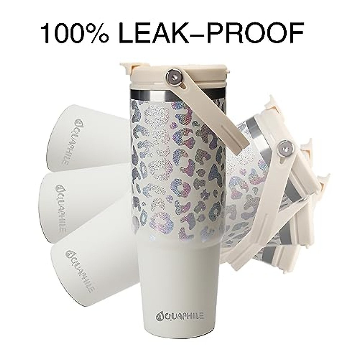 35oz Tumbler with Handle, Insulated Coffee Tumbler with Leak-proof 2-in-1 Lid and Straw, Double Wall Vacuum Insulated Coffee Mug, Stainless Steel Water Bottle for Hot&Cold Drinks(Ivory Leopard)