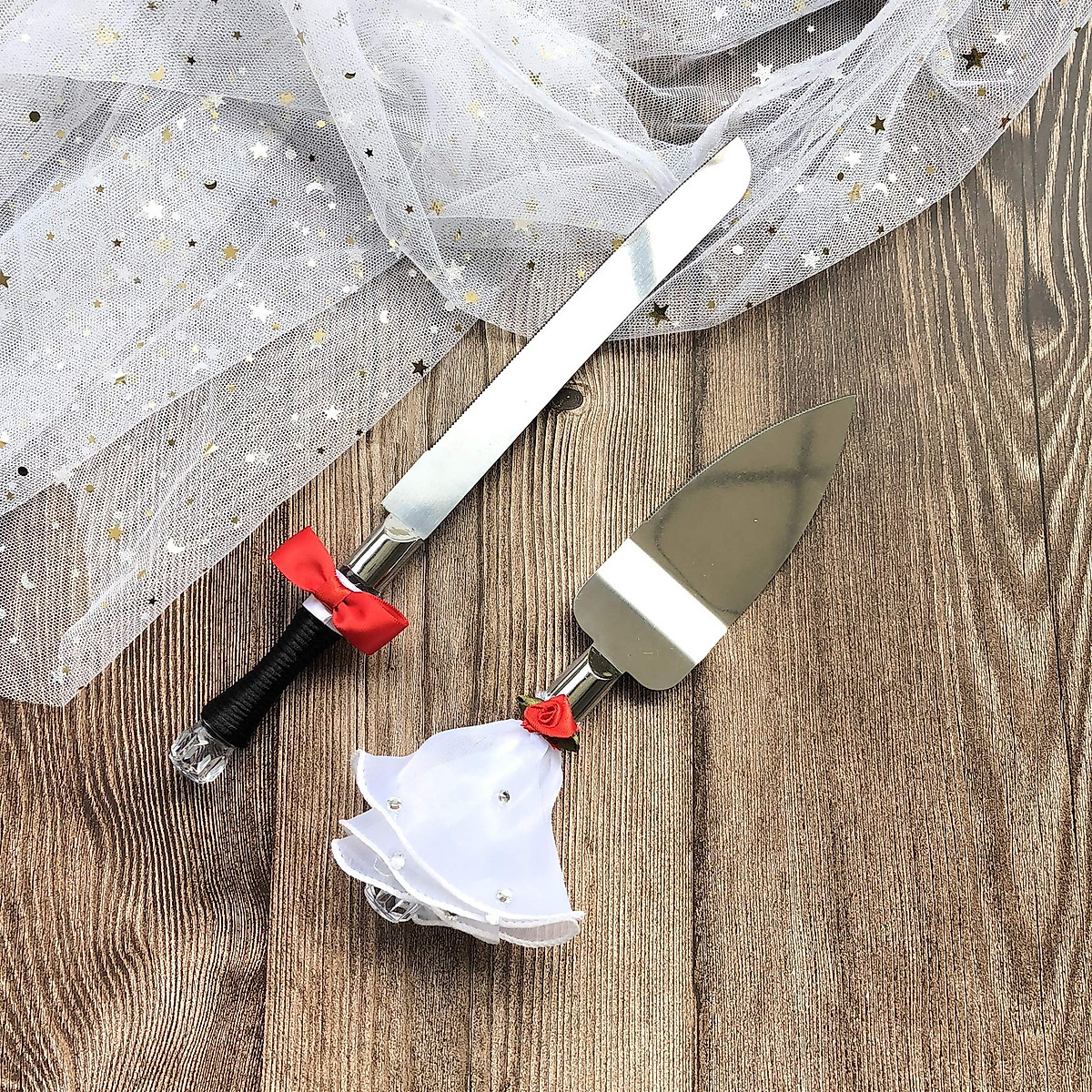 Abbie Home Wedding Anniversary Cake Knife and Server Set - Silk Bow Tie and Red Rose Rhinestone Lace Decoration (Cake Knife&Server Set)