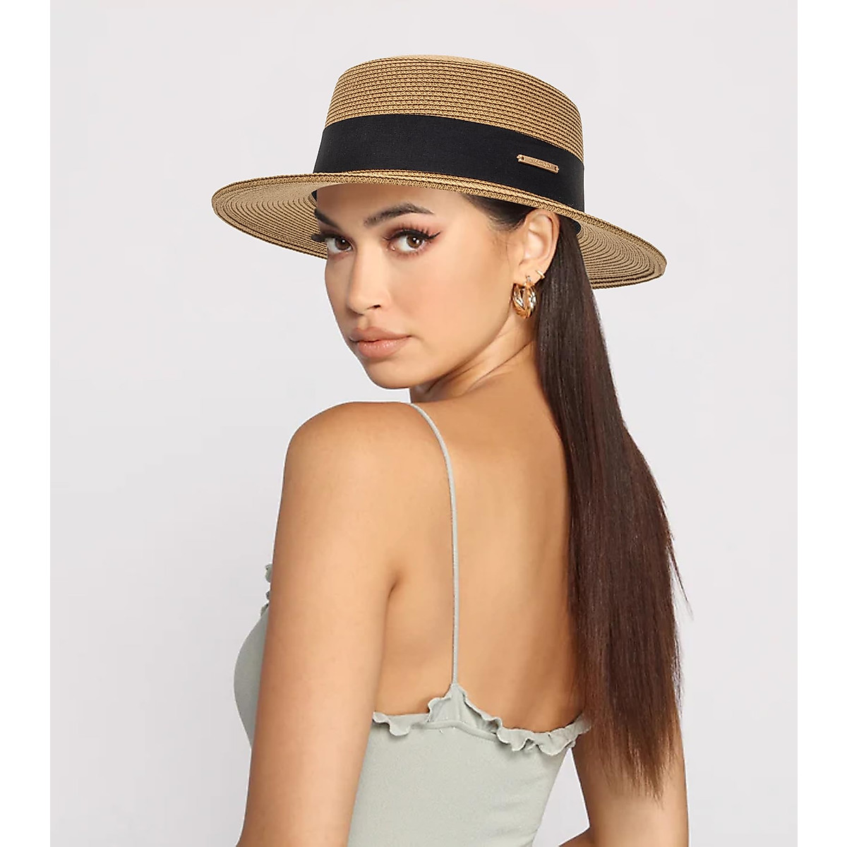 Straw Boater Summer Sun Hat - Wide Brim Fedora Panama Summer Beach Hat for Men Women(Size:Large)