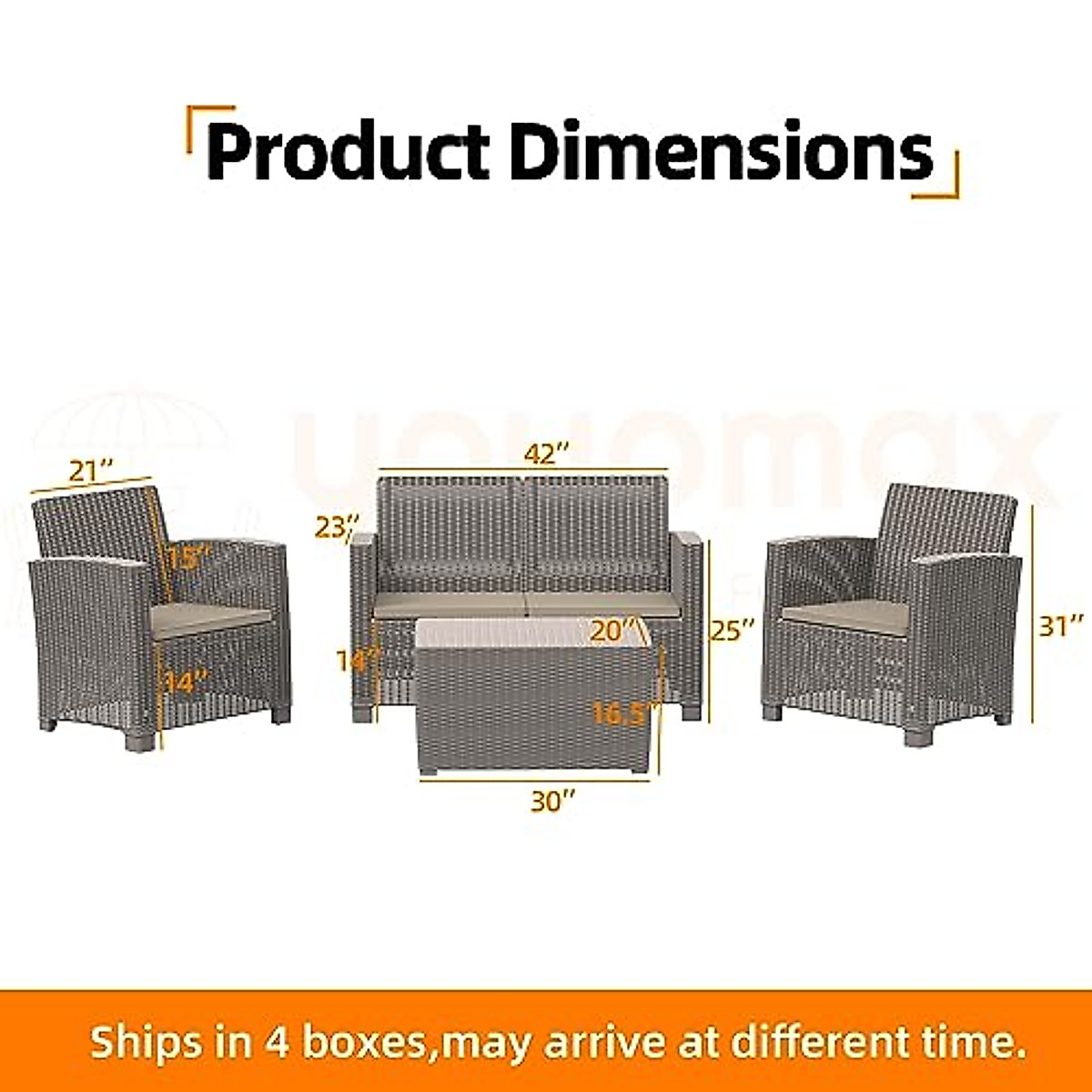 yoyomax 4 Pieces Furniture Clearance, Modern Outdoor Cushion, All Weather Patio Conversation Sofa Set w/ 3 Chairs, Coffee Table-Ideal for Garden, Poolside, 4PCS, Black with Gray