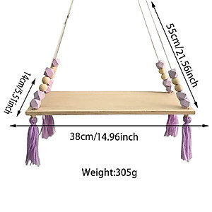 DEERWIN Hanging Shelf for Wall, Wood Hanging Shelves with Beads Tassels Boho Decor Swing Rope Rustic Floating Shelf，Wall Display Shelving Home Organizer Rack for Living Room Bedroom Kitchen (Purple)