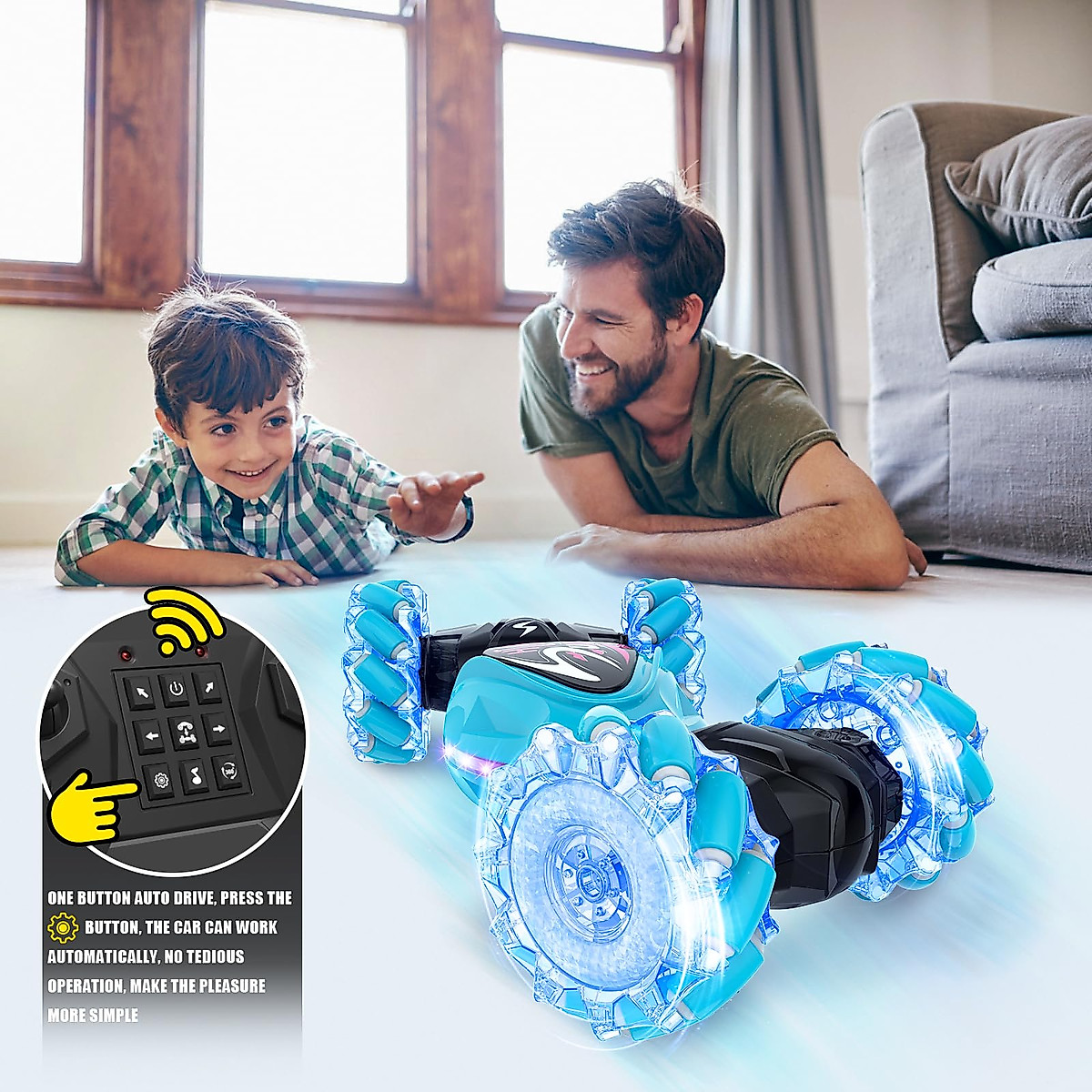 OSIMILY Remote Control Car,2.4GHz LED Gesture Sensing RC Stunt Car,4WD Double Sided Rotation RC Car with Lights and Music,All Terrain Rotation Drift Car Birthday Gifts for Boys Girls (Blue)