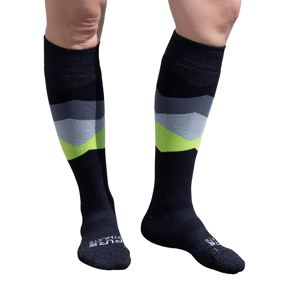 Pure Athlete Eco Friendly Winter Ski Socks - Sustainable Cold Weather Hiking Snowboard Socks (L, 2 Pairs - Black/Grey/Neon Green)