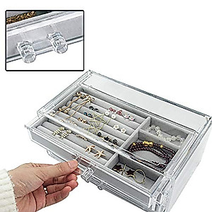 Acrylic Jewelry Box 3 Drawers, Velvet Jewellery Organizer, Earring Rings Necklaces Bracelets Display Case Gift for Women, Girls