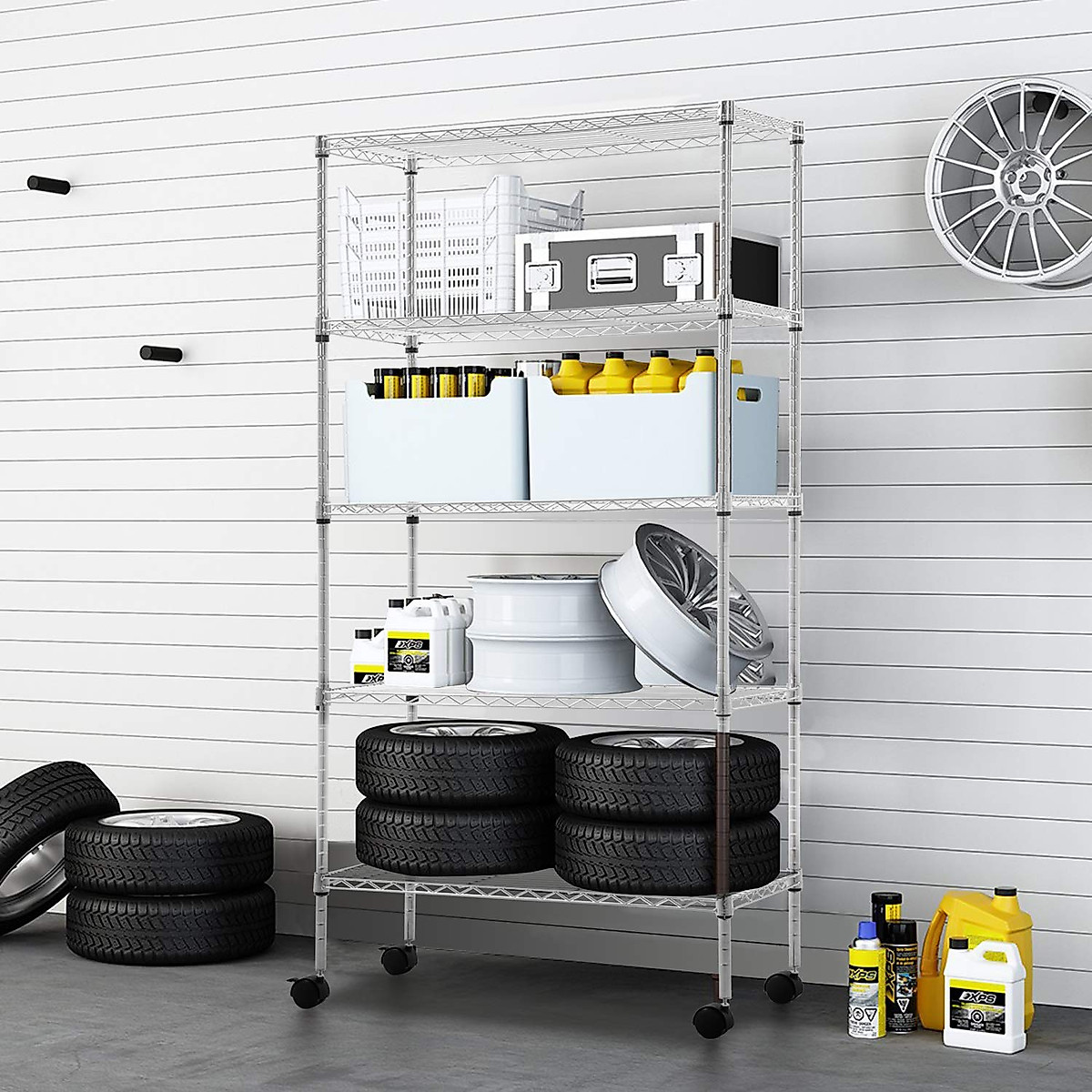 FDW 30" L×14" W×60" H Wire Shelving Unit Commercial Metal Shelf with 5 Tier Casters Adjustable Layer Rack Strong Steel for Restaurant Garage Pantry Kitchen Garage，Chrome