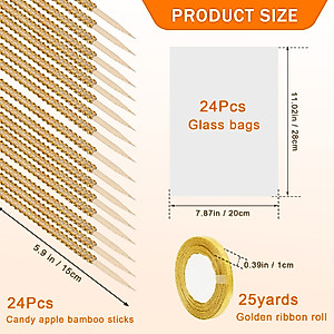 Anglecai 24Pcs Candy Apple Bamboo Stick Kit, 24P Bling Stick for Apple Rhinestone Wooden Skewers, with 24P Bags, 1P 25 Yard Glitter Ribbon, Bling Stick for Caramel Apple Lollipop Crispy Treat