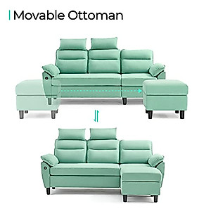 LINSY HOME Sectional Sofa, High Back Sectional Couch with Ottoman, 2 USB and Storage Bags, L Shaped Sofa with Extra Headrests, Small Sectional Sofa Set for Living Room, Apartment, Teal