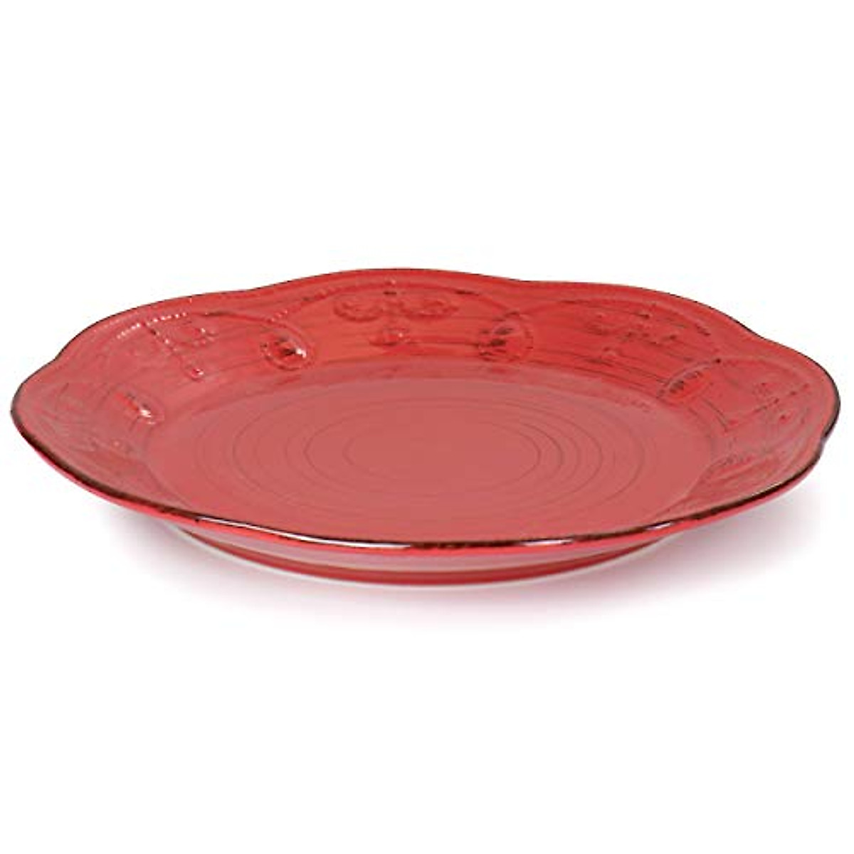 Elama Embossed Scalloped Round Stoneware Dinnerware Dish Set, 16 Piece, Red with Brown Accents