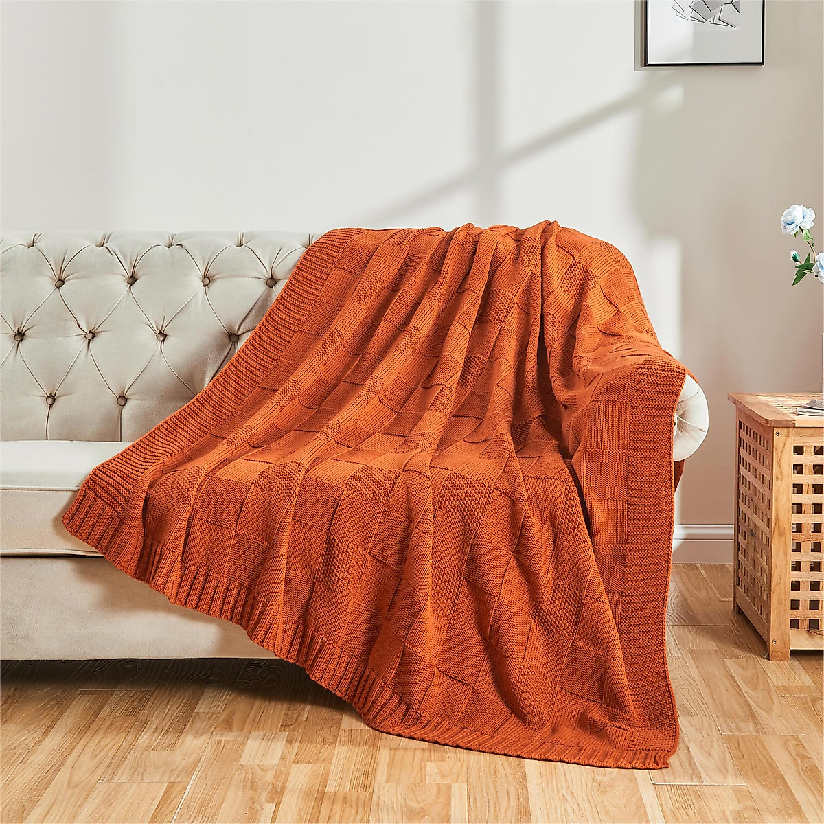 CozeCube Knit Throw Blanket,Orange Checkered Throw Blanket for Couch,Soft Cozy Warm Knitted Throw Blanket for Couch Bed Living Room, Decorative Spring Fall Throw Blanket 50"X60",Rust Orange