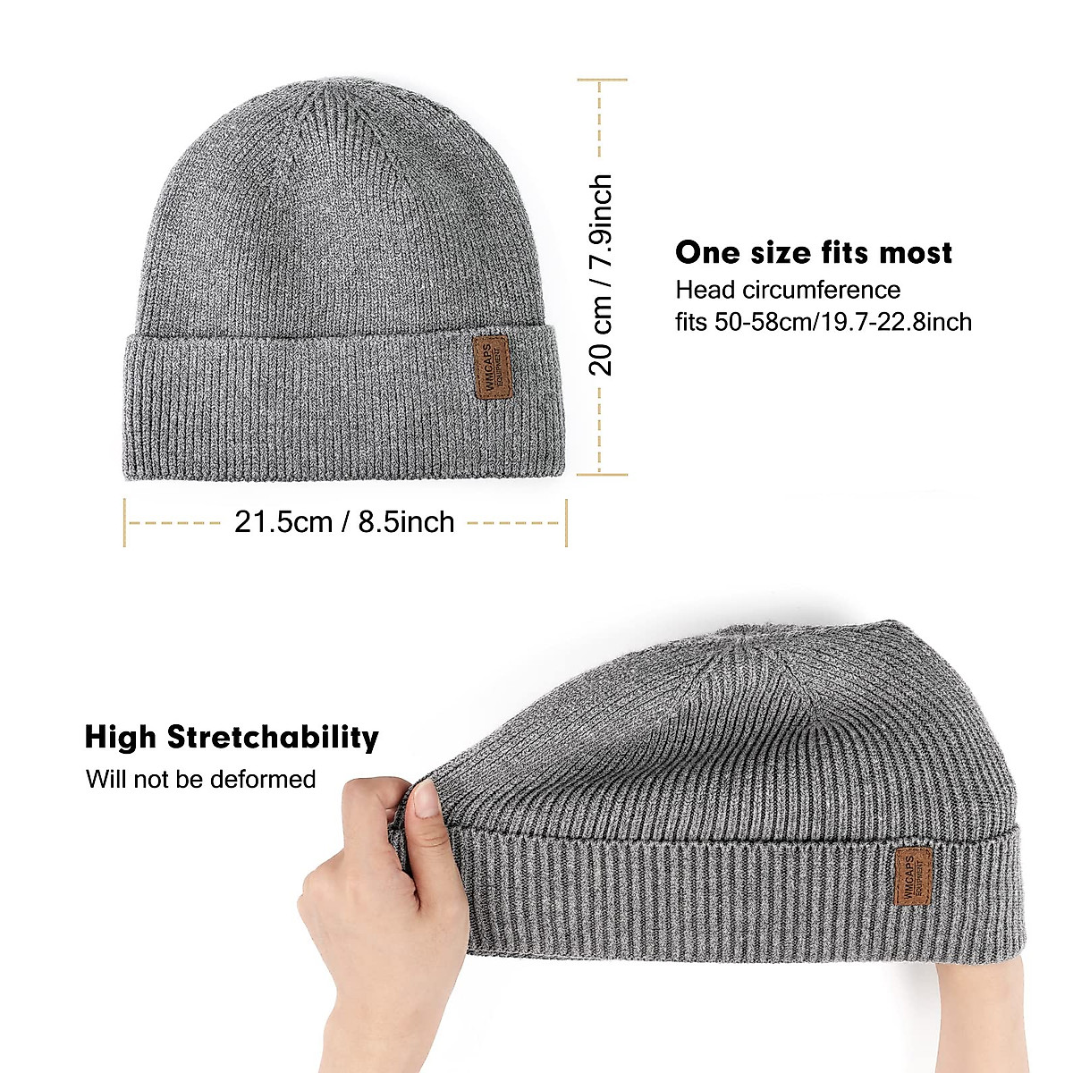 Wmcaps Winter Beanie for Men Women, Fleece Lined Beanie Soft Warm Knit Hat Ski Stocking Cuffed Cap (Grey)