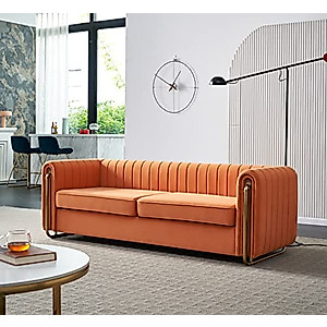 Melpomene Vertical Channel Tufted Velvet Sofa with Round Arm and Gold Metal Legs,Armrest 84.25" W（Orange）
