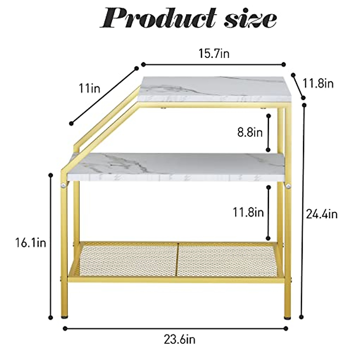 Wolawu End Table 3 Tiers White Marble Wood Nightstand with Storage Ladder Shelf Sofa Side Table for Small Space Modern Trapezoid Furniture Plant Stand in Living Room Bedroom Gold