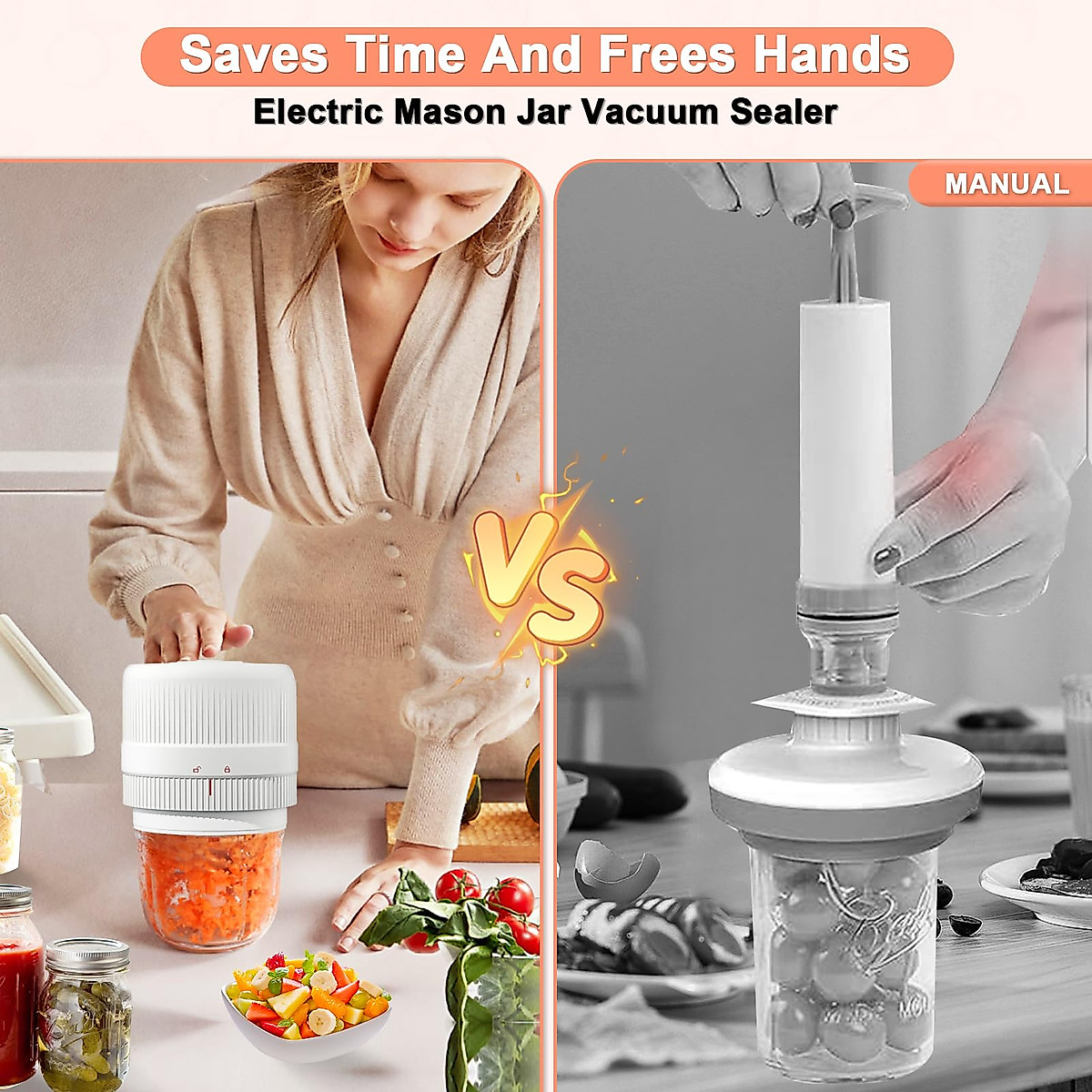 Electric Mason Jar Vacuum Sealer-Mason Jar Vacuum Sealer Kit for Food Storage Compatible Wide & Regular Mouth Mason lids- Canning Vacuum Sealer Mason Jar with LED Display -White