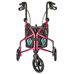 Rollator Walker Aluminum 3 Wheel for Seniors, Foldable Lightweight Three Wheel Walker Traveler Mobility Rollator 3 Wheels Walker with Basket Tray, Pouch, Brakes, Narrow Walker for Small Spaces (RED)
