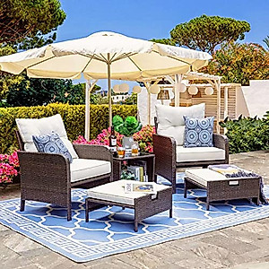 Shintenchi 5 Pieces Outdoor Wicker Patio Furniture Set,All Weather PE Wicker Rattan Patio Conversation Set with Cushioned Patio Lounge Chairs, Ottoman Underneath Set, Table for Lawn, Pool, Balcony