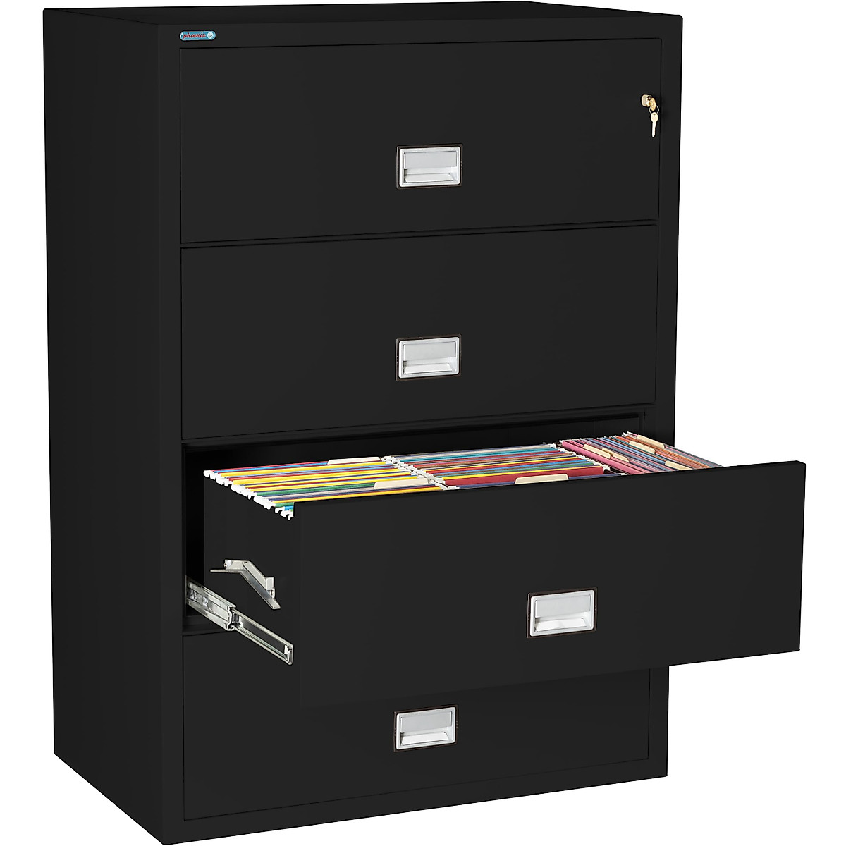 PHOENIX SAFE Lateral 38 inch 4-Drawer Fireproof File Cabinet with Key Lock, Water Seal, Black, LAT4W38B